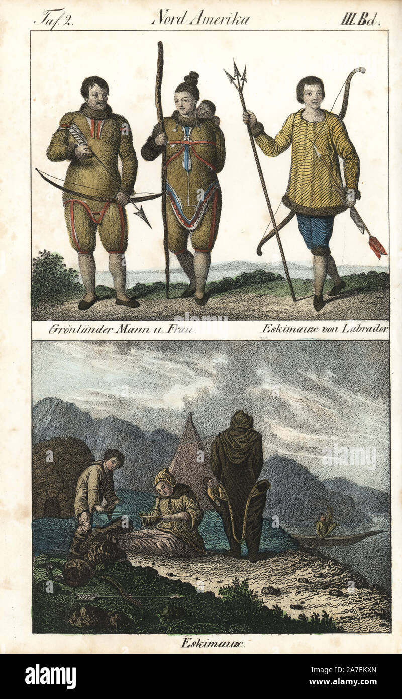 People from Greenland in fur clothes with bow, arrow and staff, eskimo ...