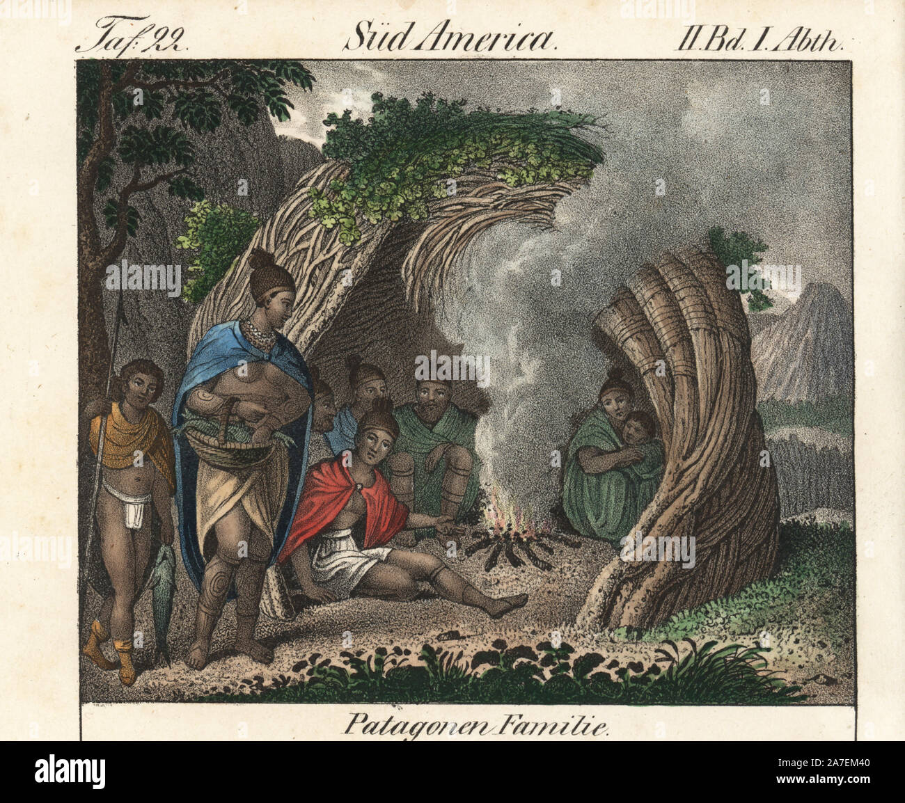 Natives of Patagonia in a hut made out of tree branches, sticks and ...