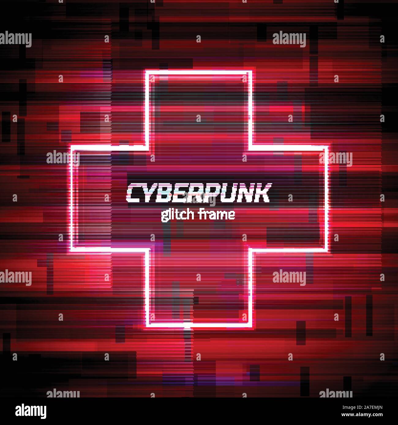 Glitch cyberpunk frame with technology error and neon shape Stock ...