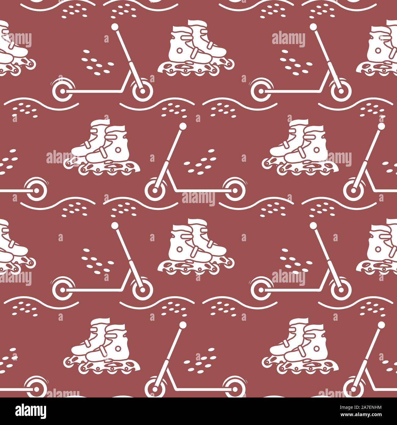 Vector seamless pattern with rollers, kick scooter. Athletic, healthy ...