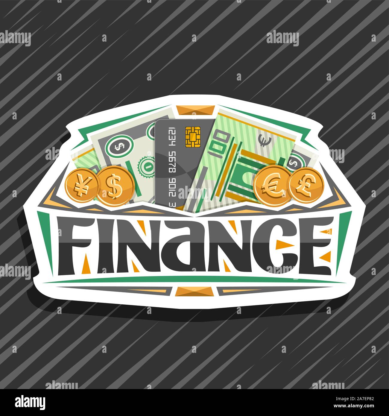 Vector logo for Finance, cut paper tag with plastic debit card, cartoon ...