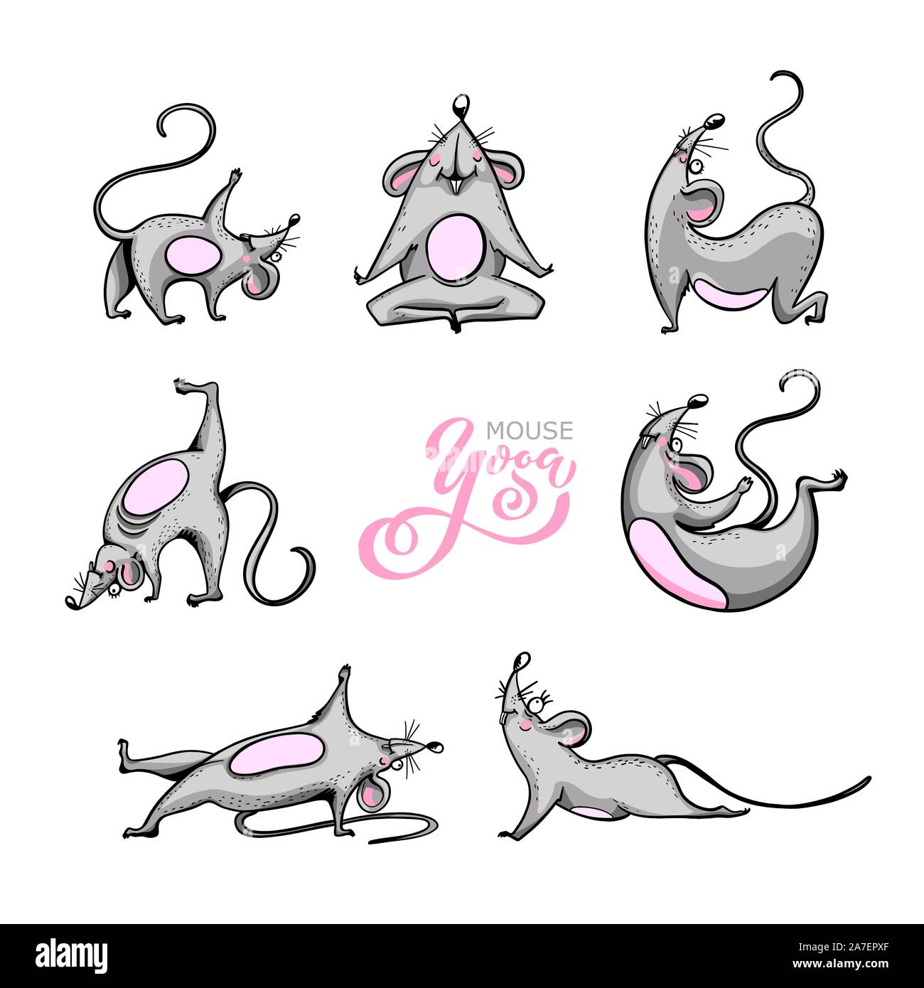 Cartoon character practicing yoga mouse. character set. Positive rat ...