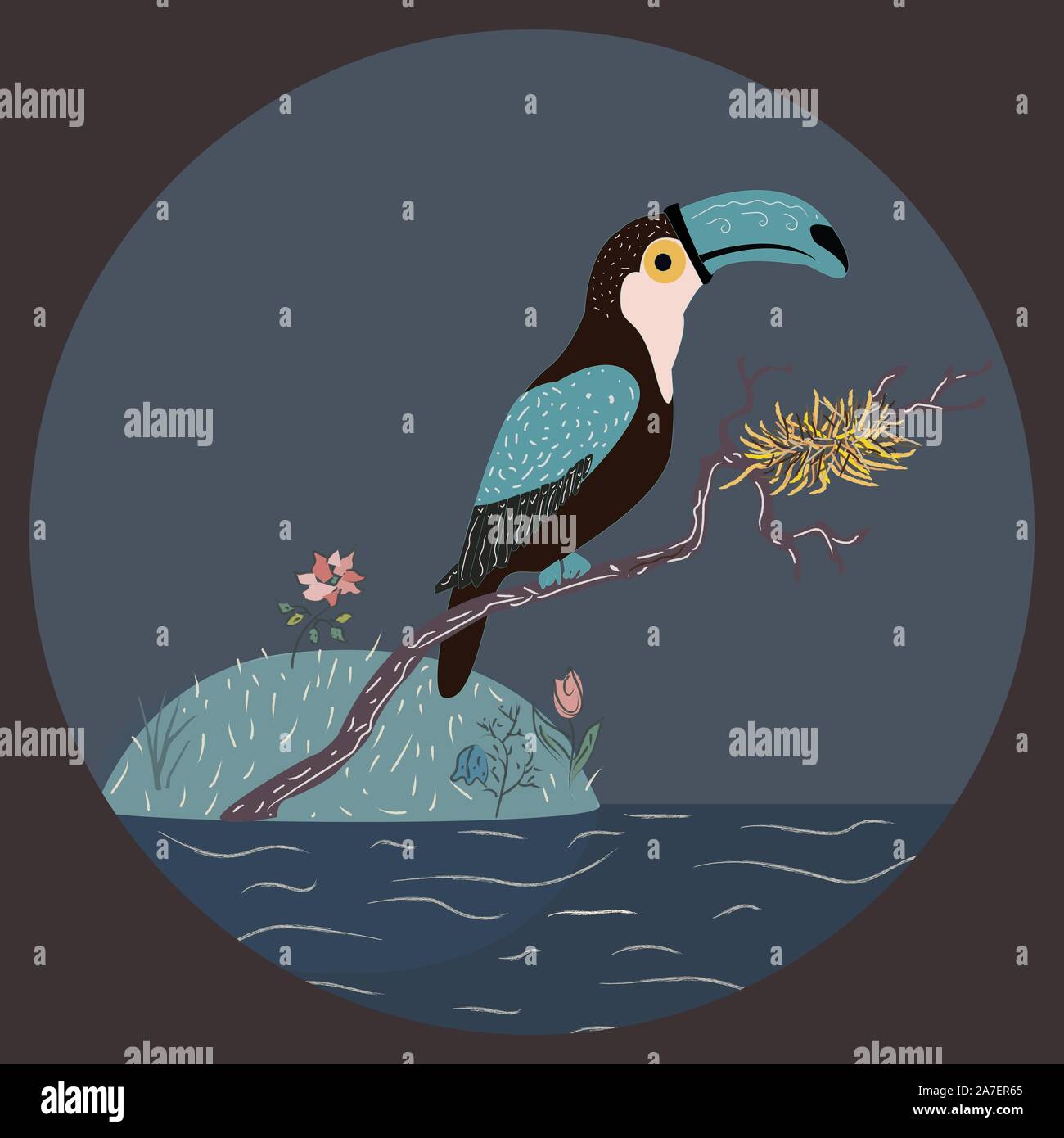 Toucan sitting on a branch with nest over the water. Vector ...