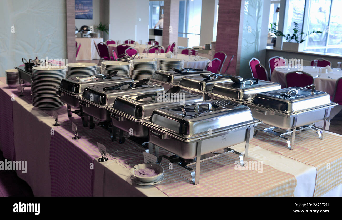 Catering event plate service.Smorgasbord, food choice of breakfast in a ...