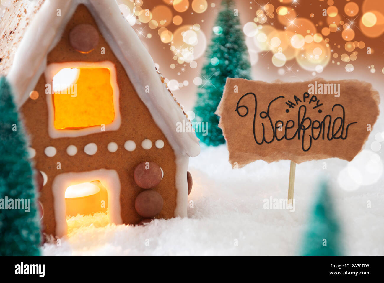 Gingerbread House, Snow, Happy Weekend, Golden Background Stock Photo ...