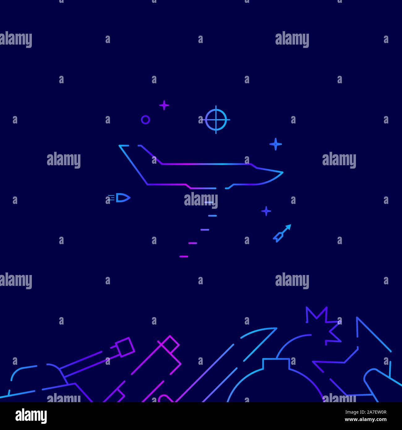 Bomber and falling bombs vector gradient line icon, illustration ...