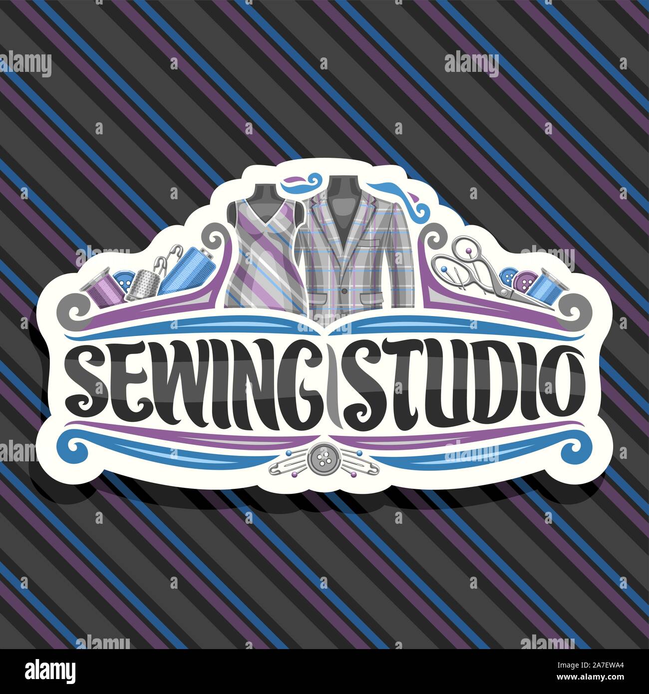 Vector logo for Sewing Studio, white decorative signboard with ...