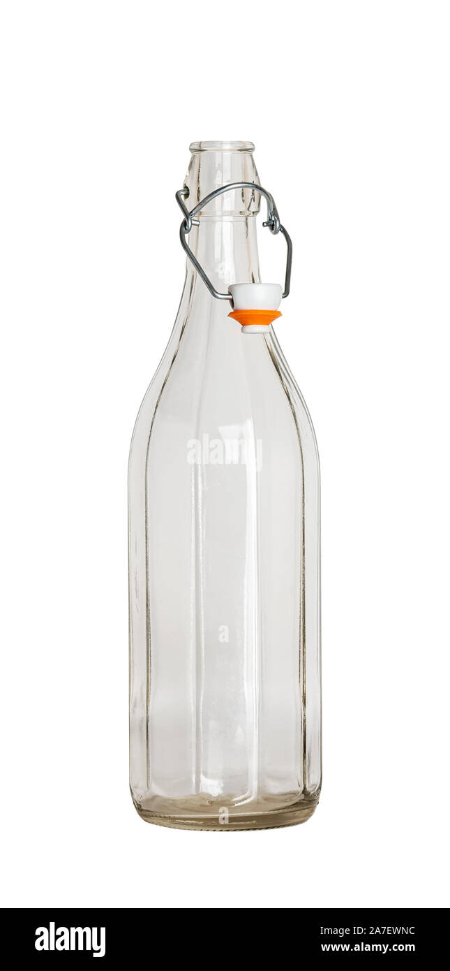 Glass bottle with a n open wire bail clasp ceramic stopper isolated on ...