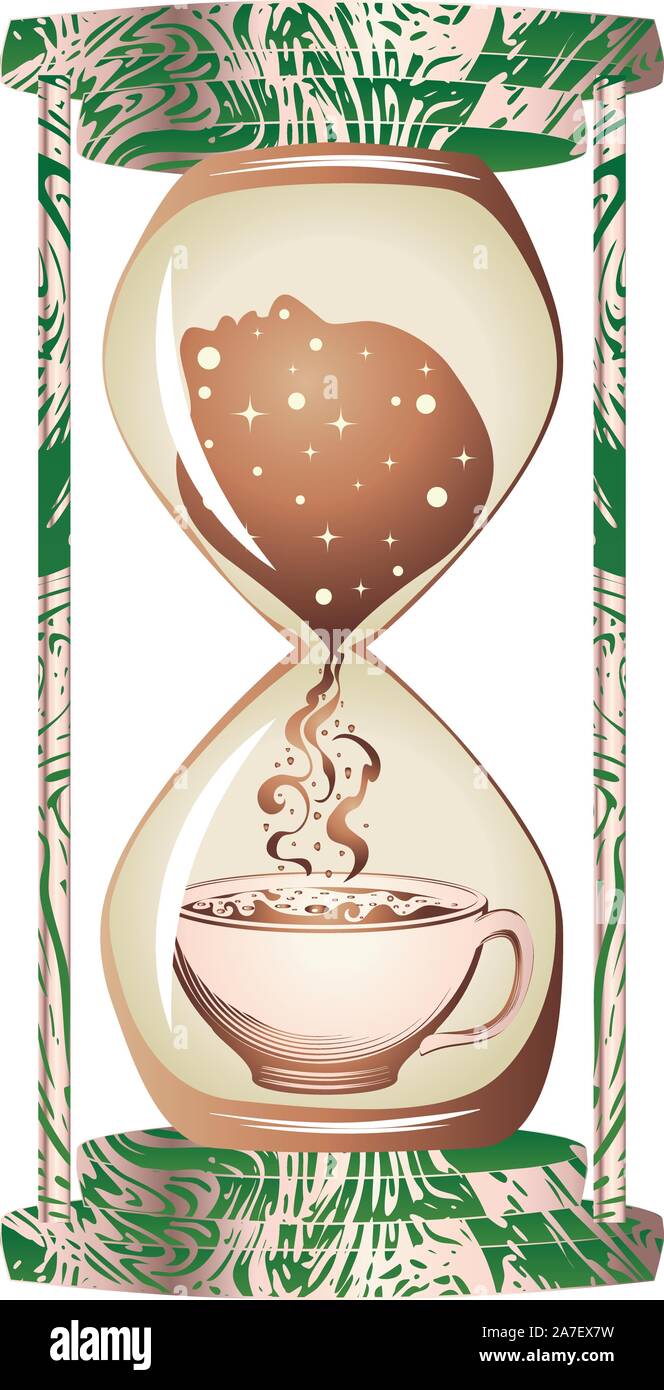 Vintage hourglass, cup of hot coffee and human head silhouette ...