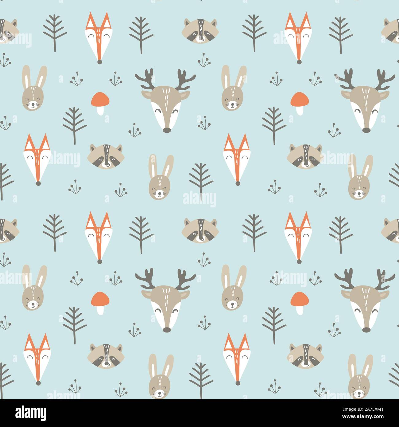 Seamless pattern with cute cartoon woodland animals in scandinavian ...