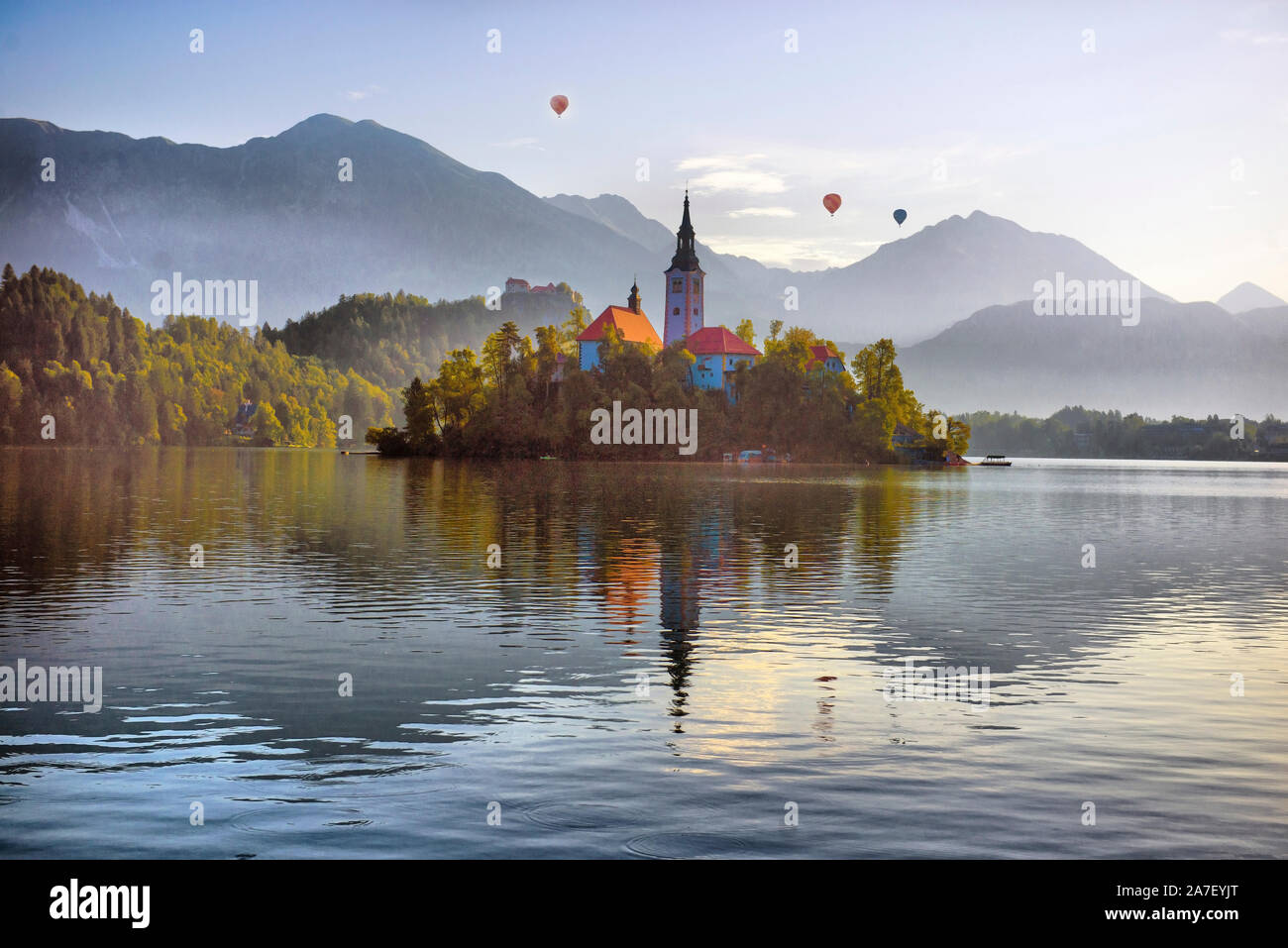 Aerial view of Lake Bled Alps Slovenia Europe. Mountain alpine lake ...