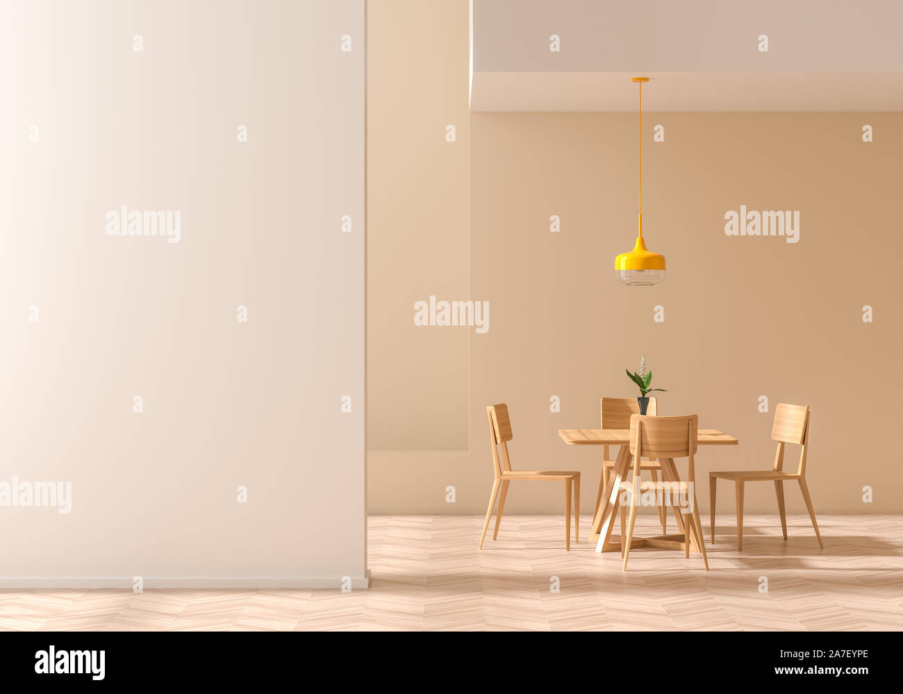 Empty wall mock up in modern dining room with wooden chair and table ...