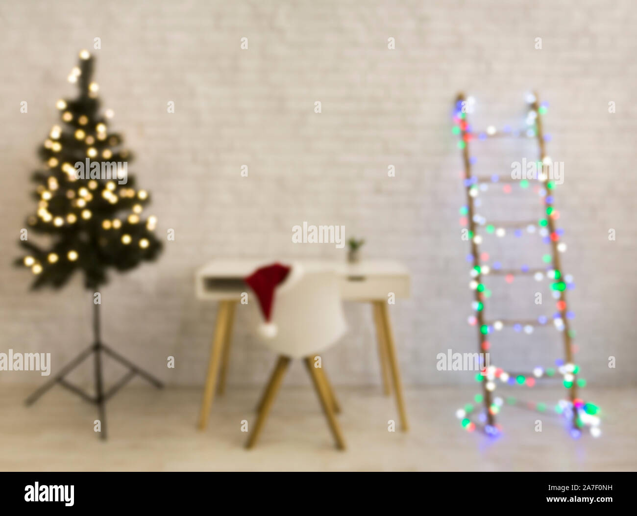 Christmas Office interior with pine tree, workplace and ladder Stock ...