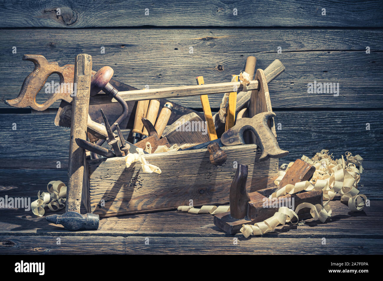 Old joinery tool box in rustic wooden shed Stock Photo - Alamy