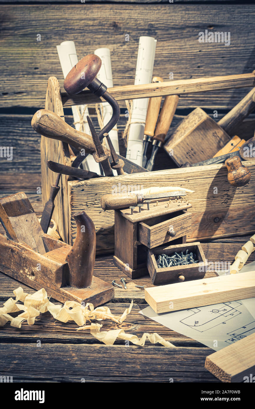 Antique carpentry workshop in rustic wooden shed Stock Photo - Alamy