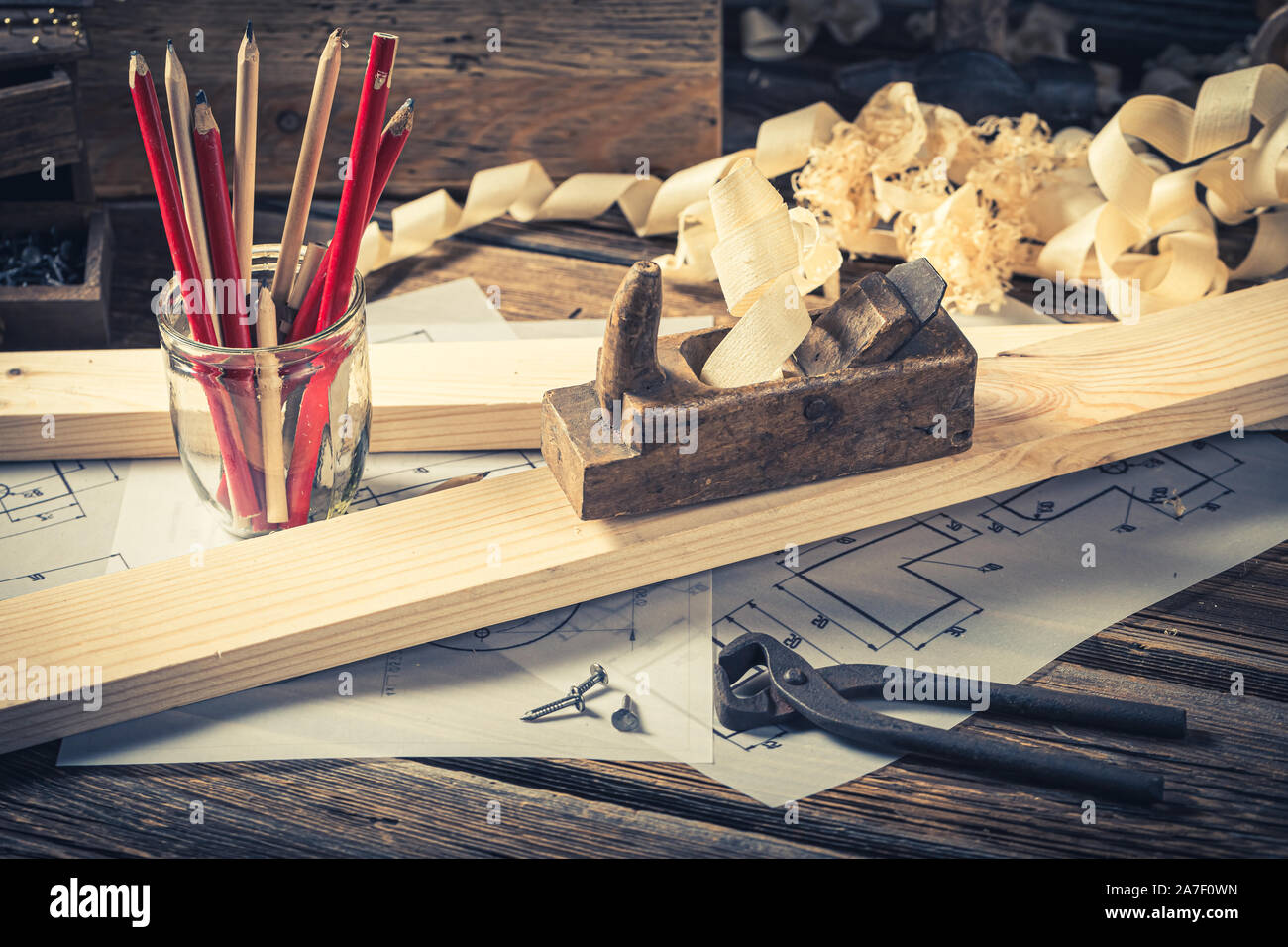 Carpentry workshop and diagrams in rustic wooden shed Stock Photo - Alamy