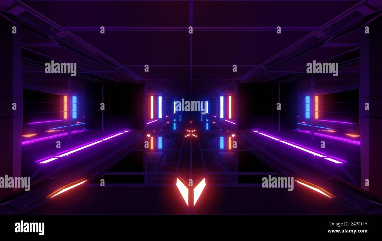 clean futuristic scifi space hangar tunnel corridor with glass windows ...