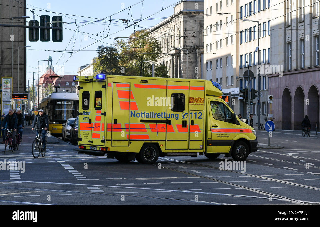 28 October 2019, Berlin: An ambulance with the inscription ...