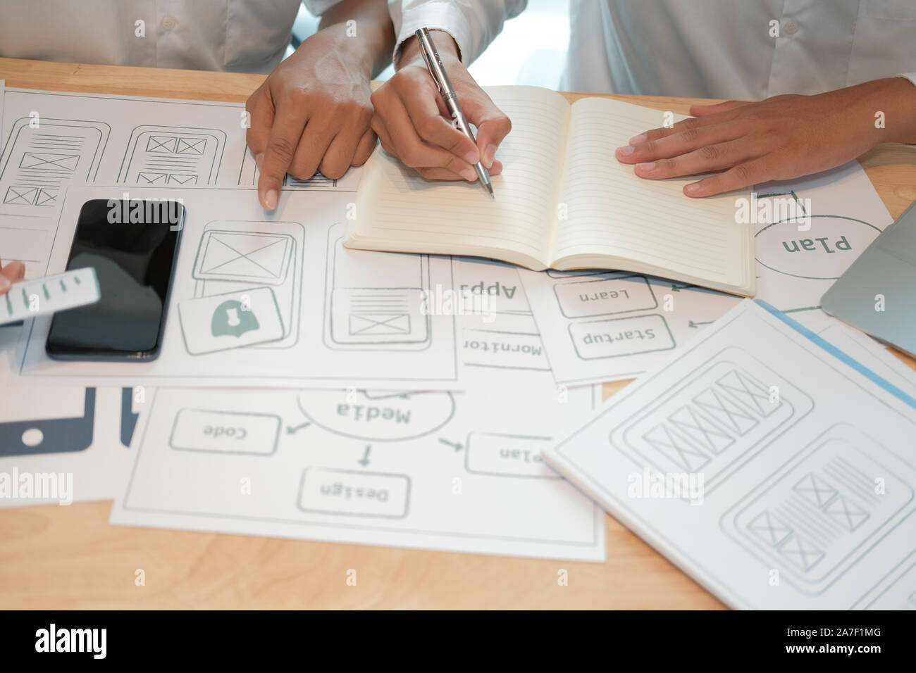 user experience UX designer designing web on smart phone layout. UI ...