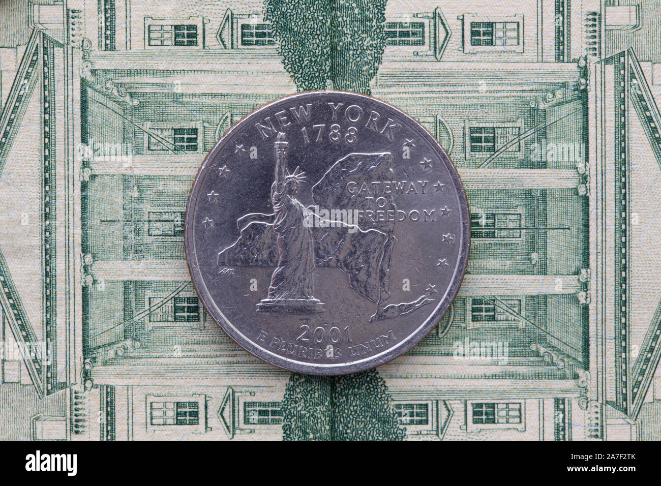 A quarter of New York on US dollar bills. Symmetric composition of US ...