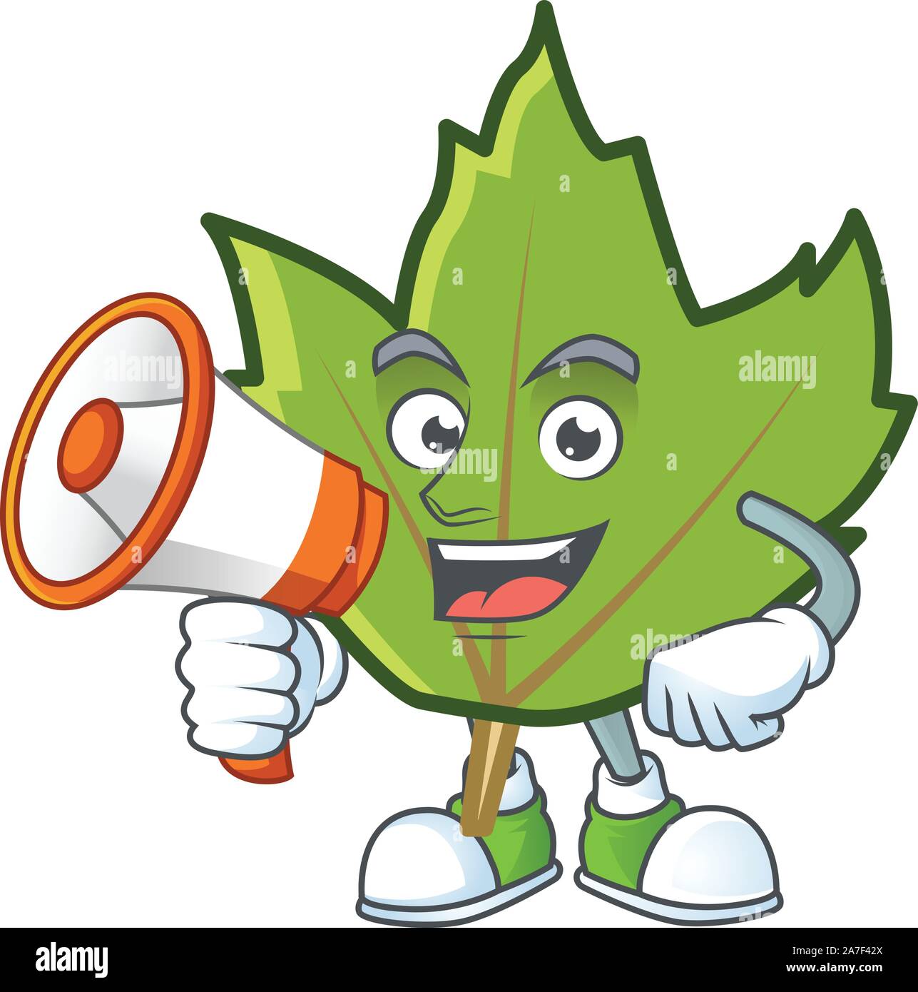 cute green autumn leaves in character with holding megaphone Stock ...