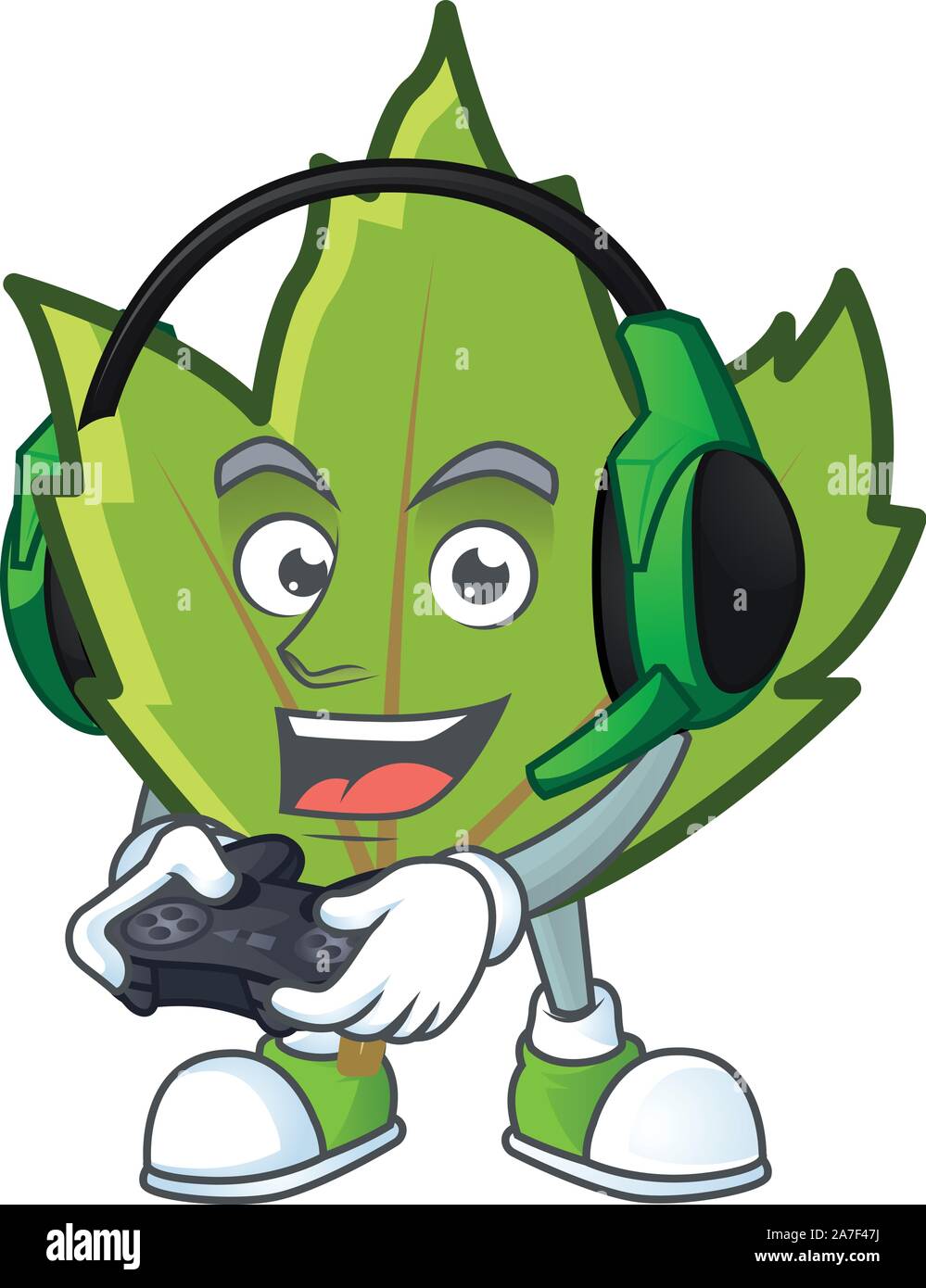 cute green autumn leaves in character bring gaming Stock Vector Image ...