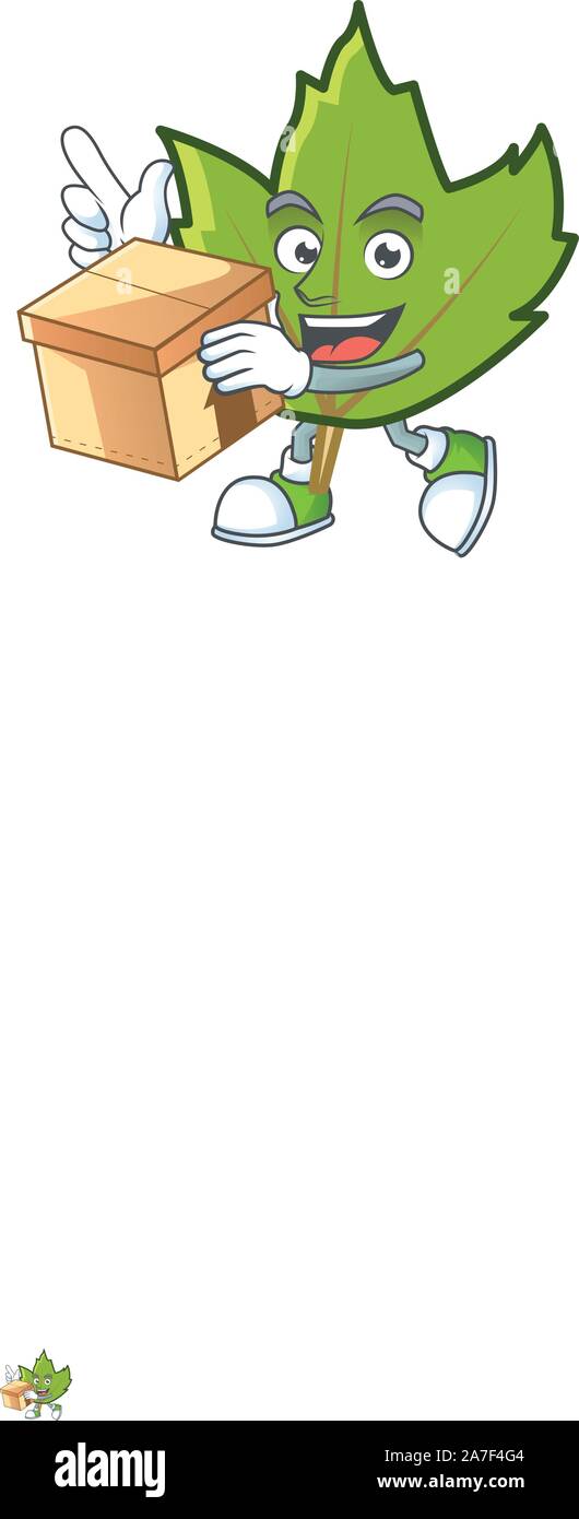 cartoon green autumn leaves design mascot with bring box Stock Vector ...