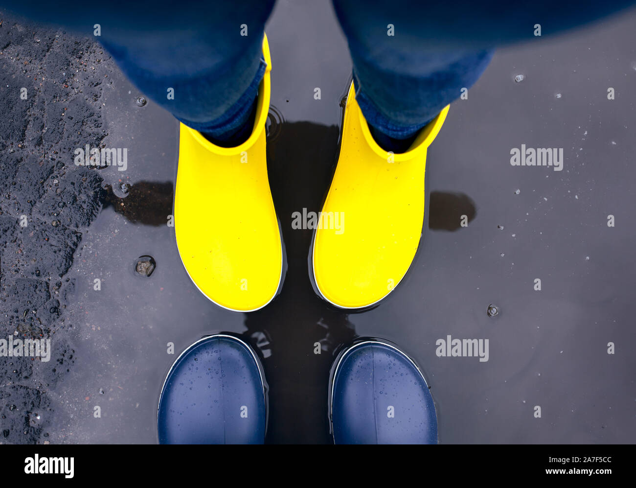 Two pairs of rubber boots standing in the puddle. Close-up Stock Photo ...