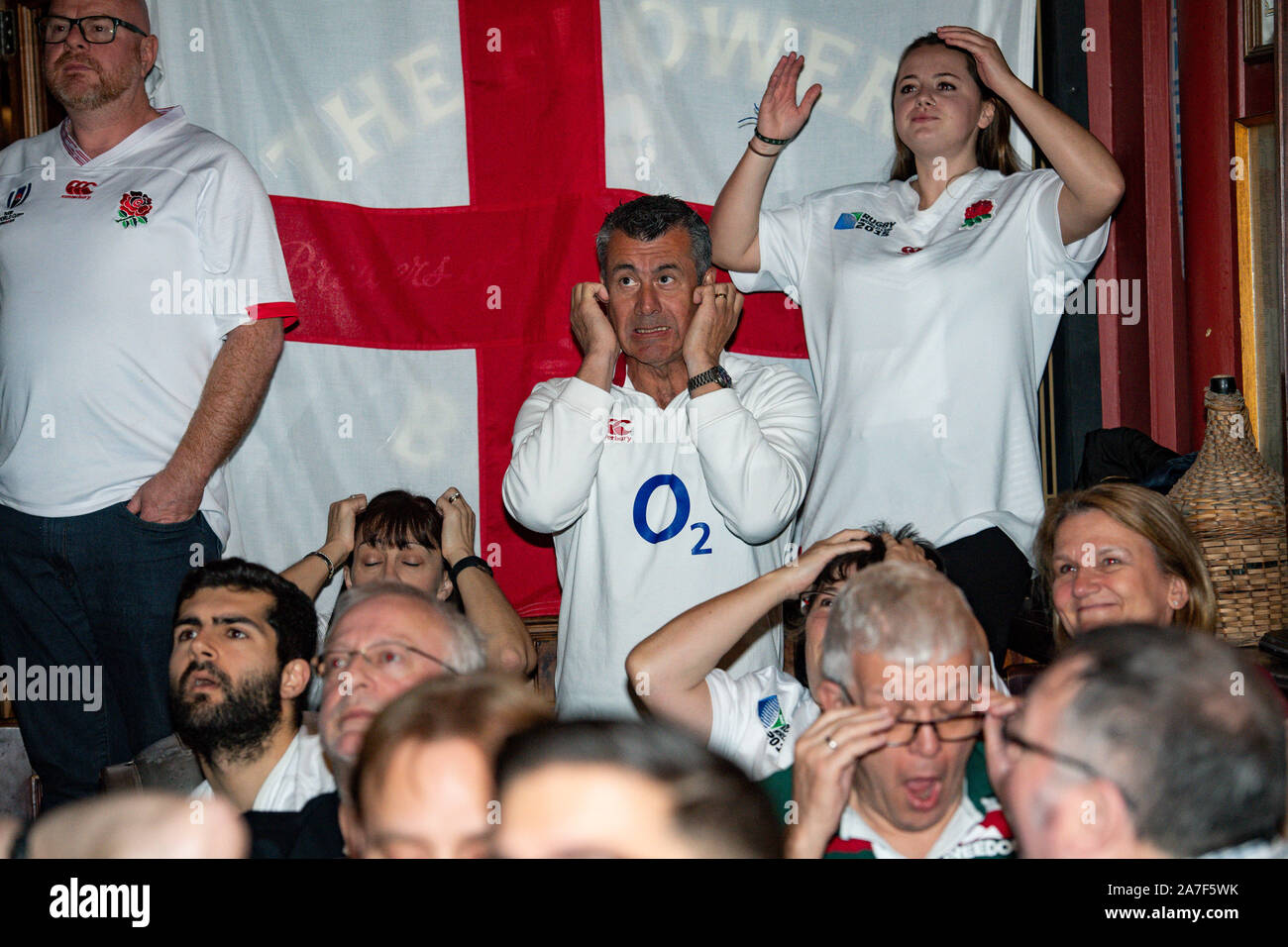 England fans react during a screening of the Rugby World Cup Final at ...