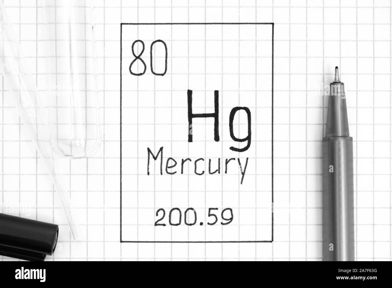 The Periodic table of elements. Handwriting chemical element Mercury Hg ...