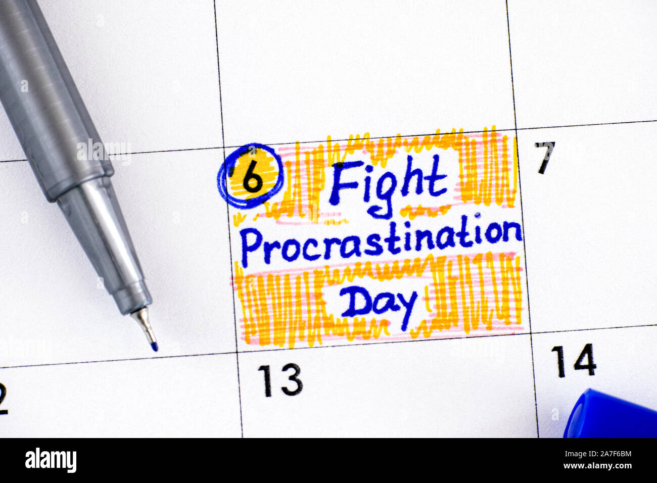 Reminder Fight Procrastination Day in calendar with blue pen. September ...