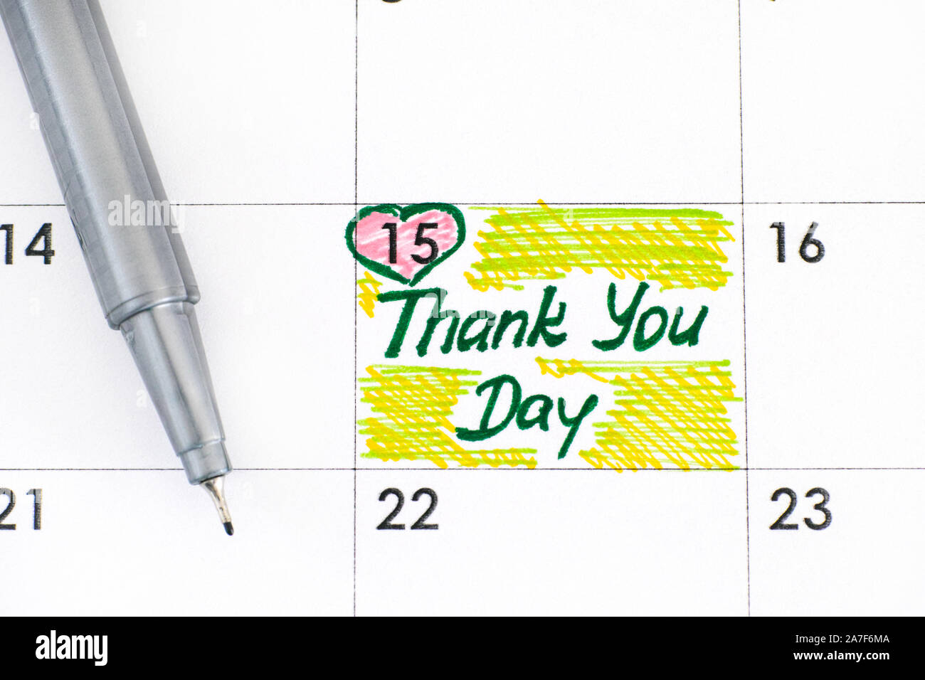Reminder Thank You Day in calendar with pen. September 15 Stock Photo ...