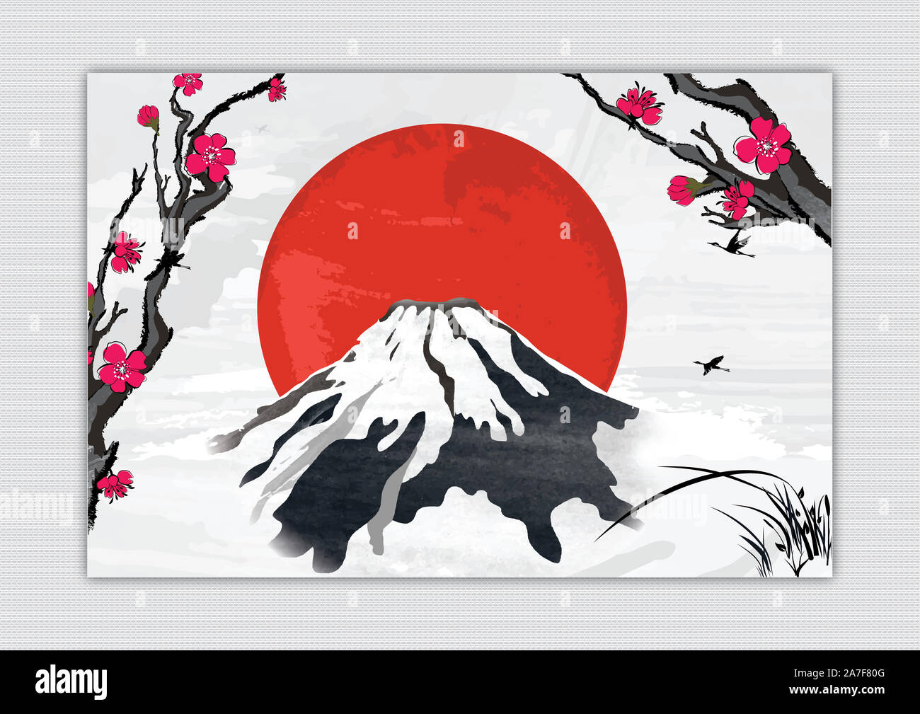 Japanese style black ink painting with crane birds flying over a ...