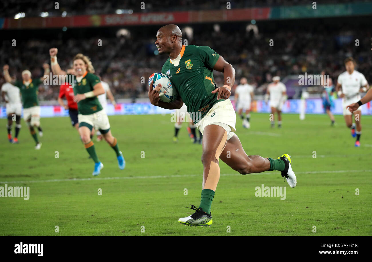 South Africa's Makazole Mapimpi scores his sides first try during the ...