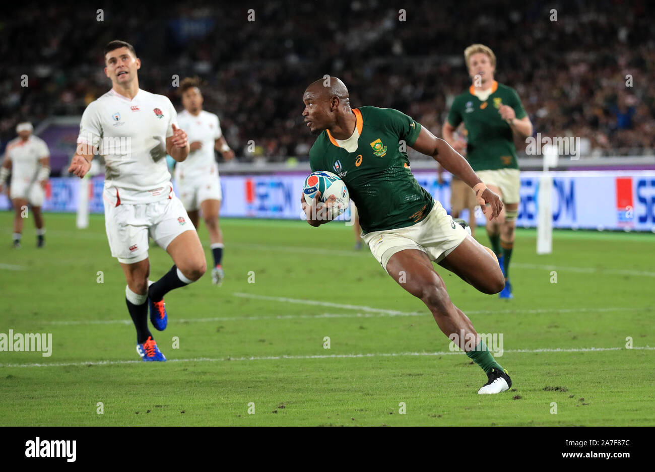 South Africa's Makazole Mapimpi scores his sides first try during the ...