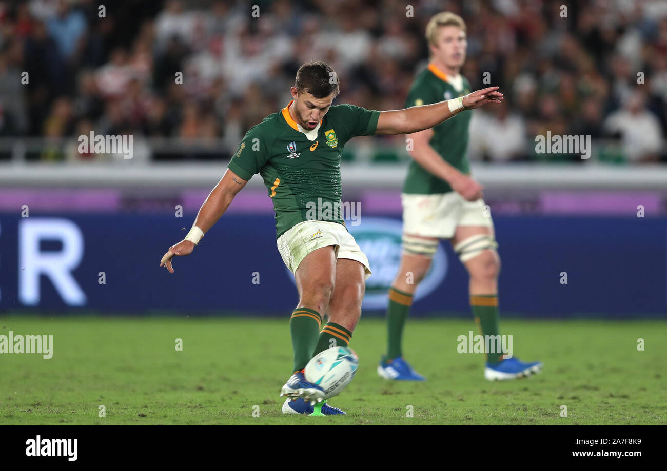 South Africa's Handre Pollard kicks a conversion during the 2019 Rugby ...