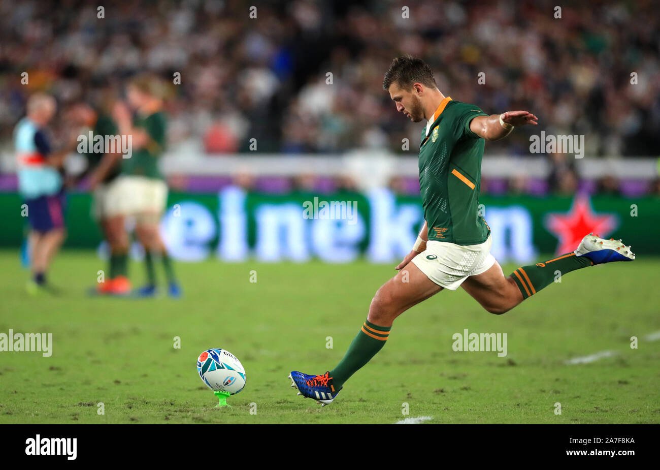 South Africa's Handre Pollard scores a try conversion during the 2019 ...
