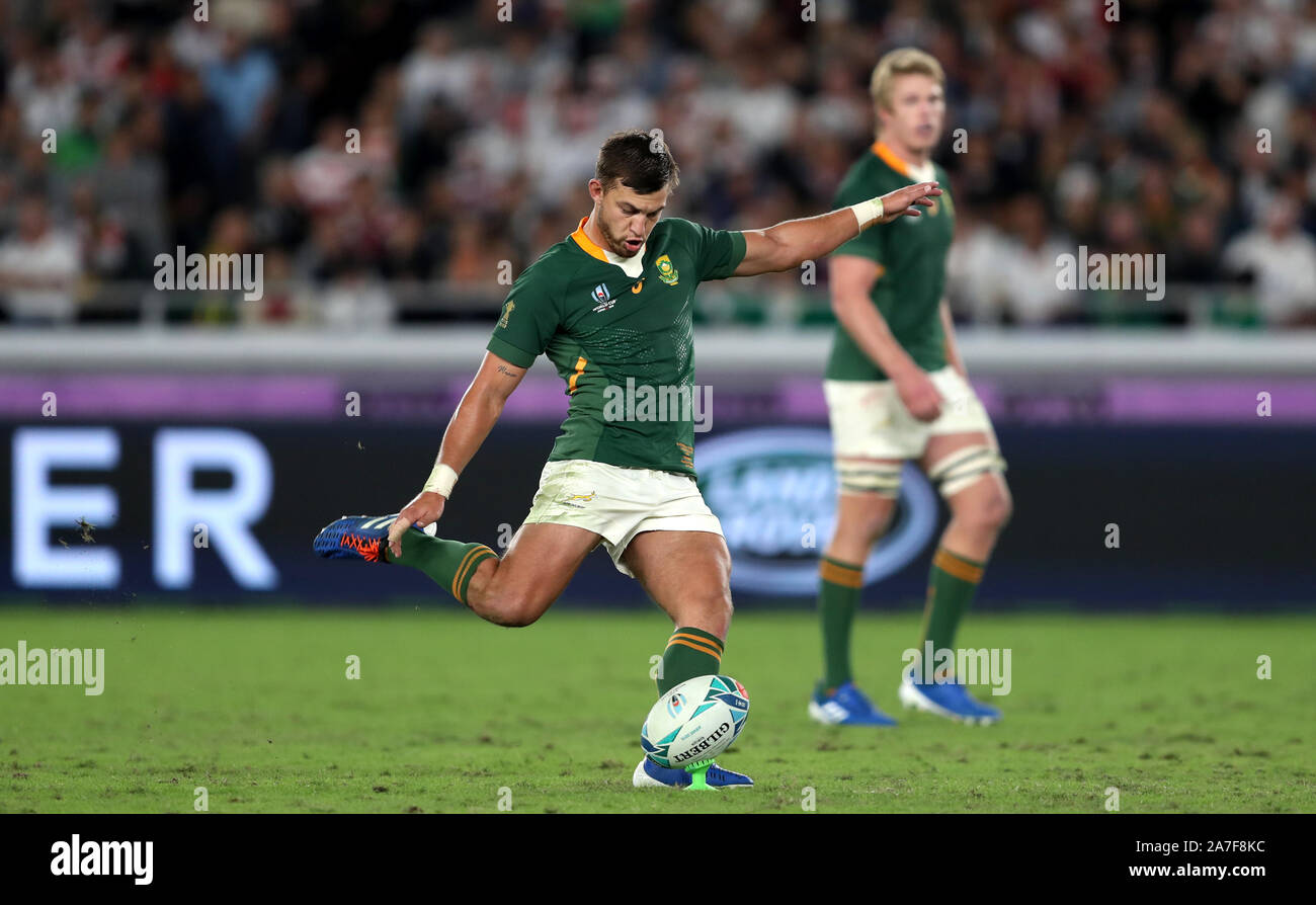 South Africa's Handre Pollard kicks a conversion during the 2019 Rugby ...
