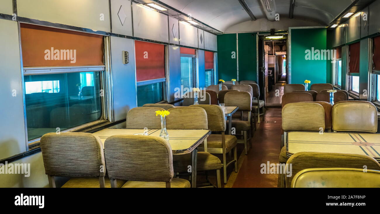 Tables and Chairs in a Dining Car in Old Train Stock Photo - Alamy