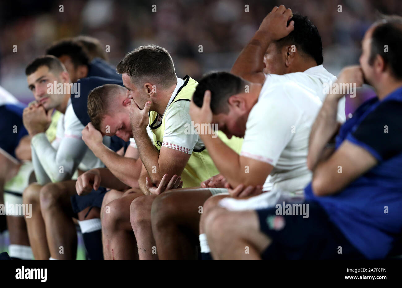England look dejected on the team bench during the 2019 Rugby World Cup ...