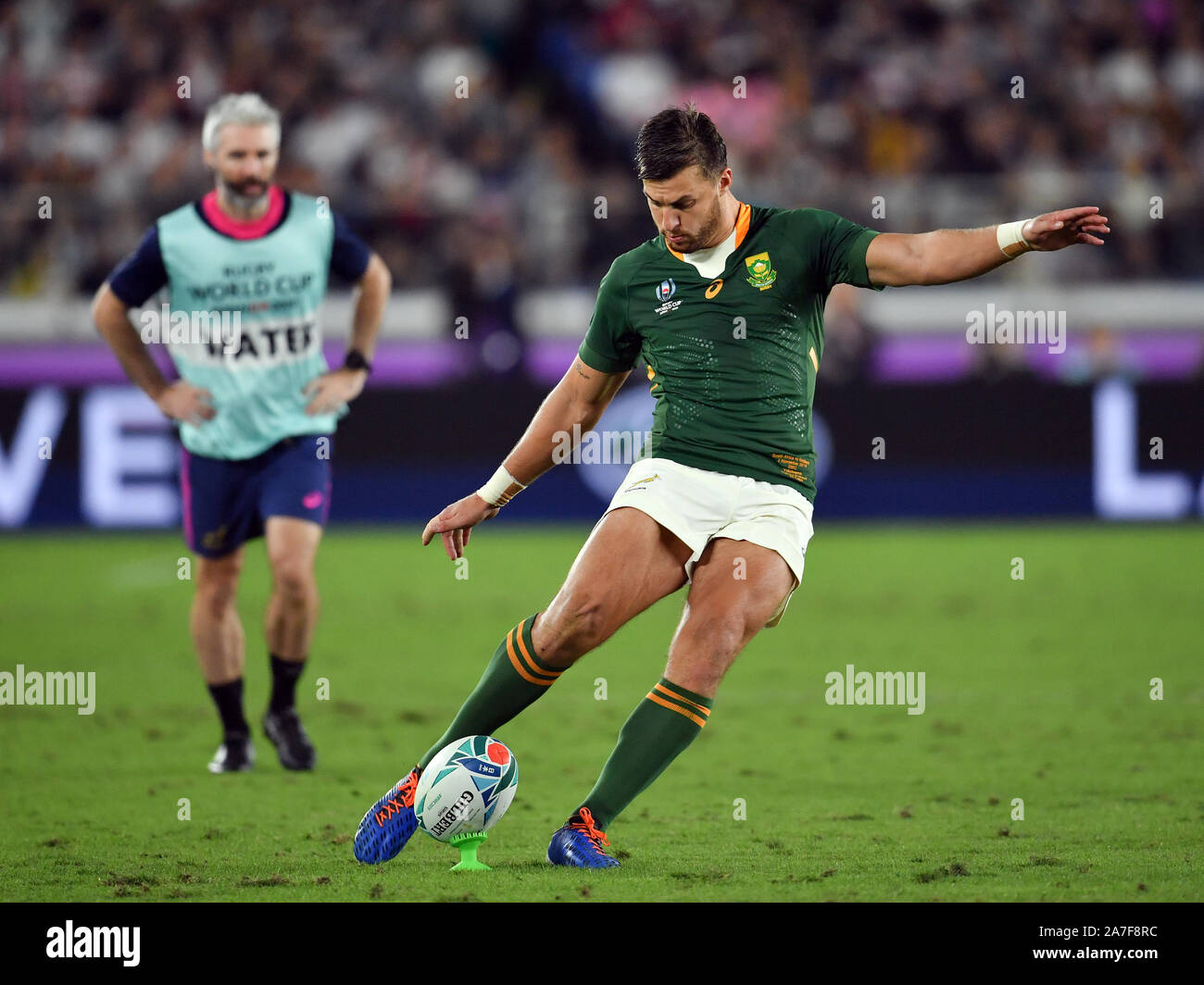 South Africa's Handre Pollard kicks a penalty during the 2019 Rugby ...