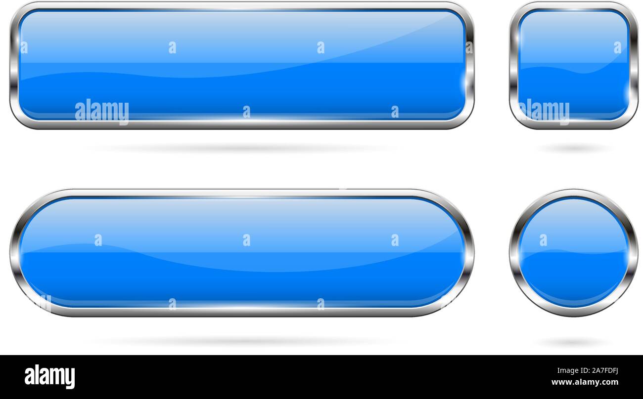 Blue glass buttons. Set of 3d shiny icons with chrome frame Stock ...