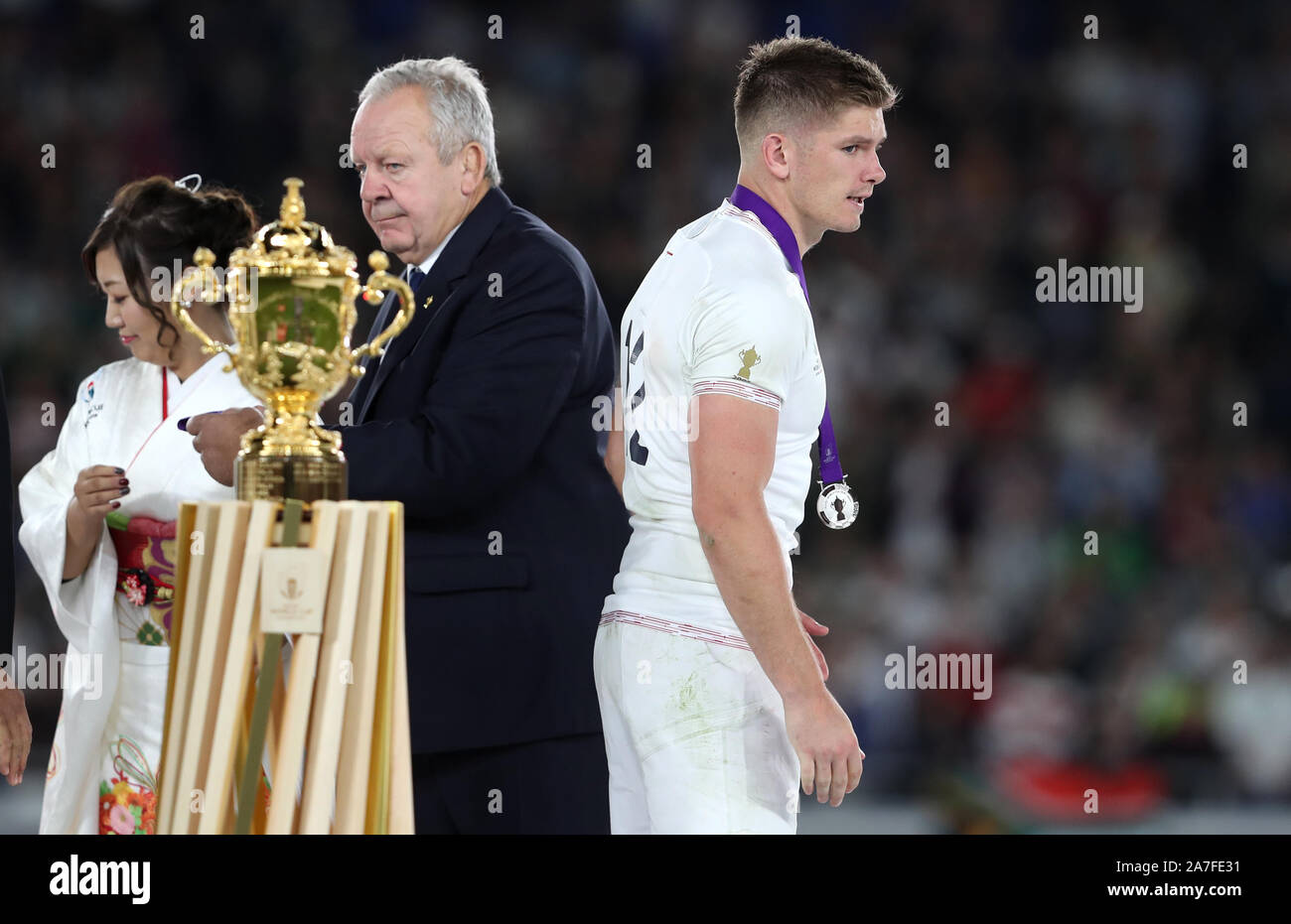England's Owen Farrell walks past the Webb Ellis Cup during the 2019 ...