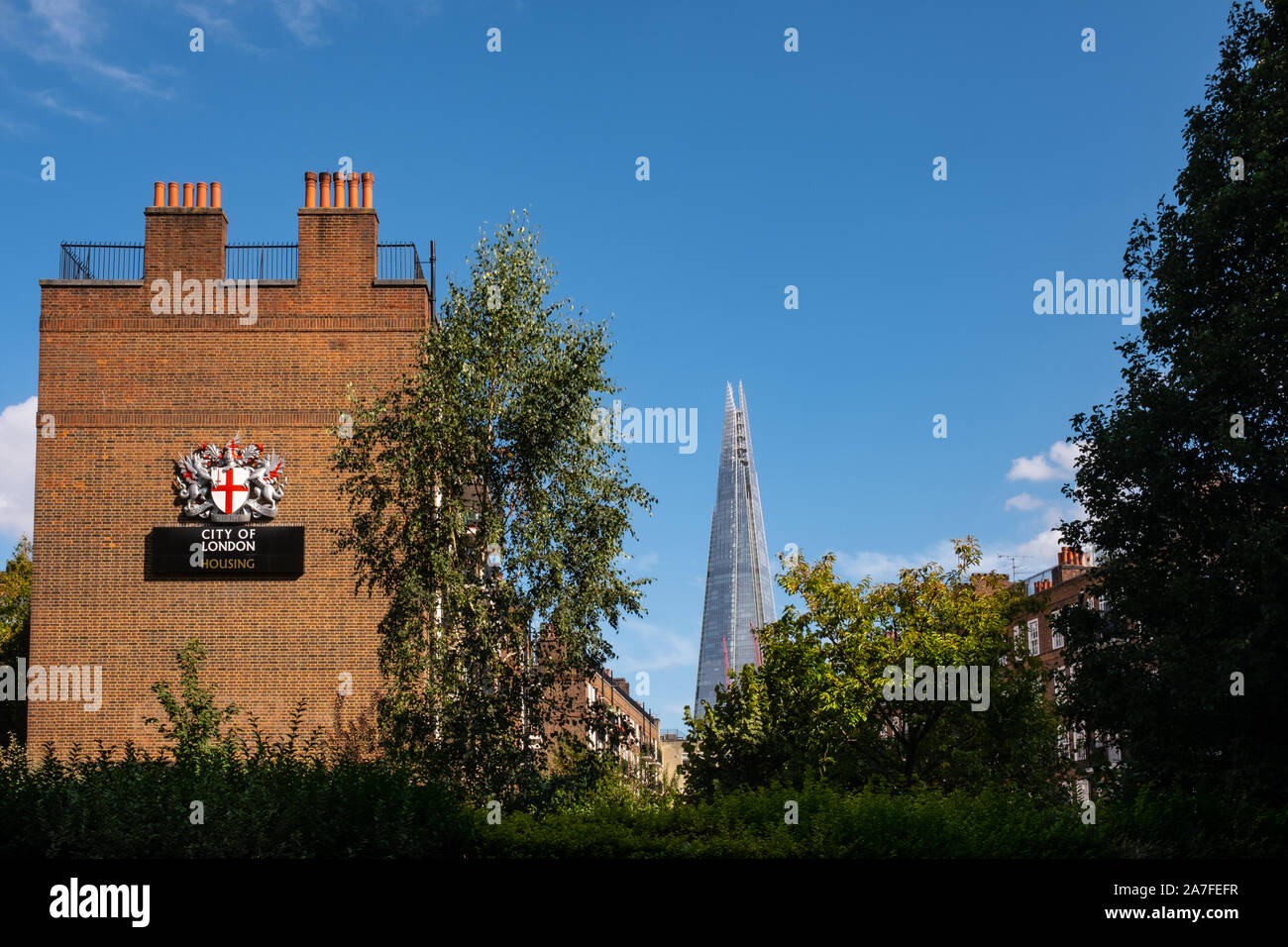 The Shard in the background on a sunny day in London. In the foreground ...