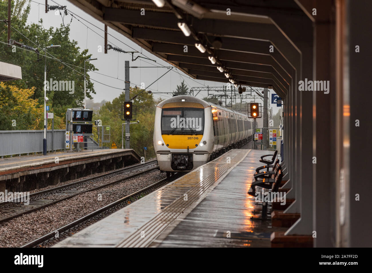 C2C Train pulling into Basildon station, Essex, UK. Class 357 ...