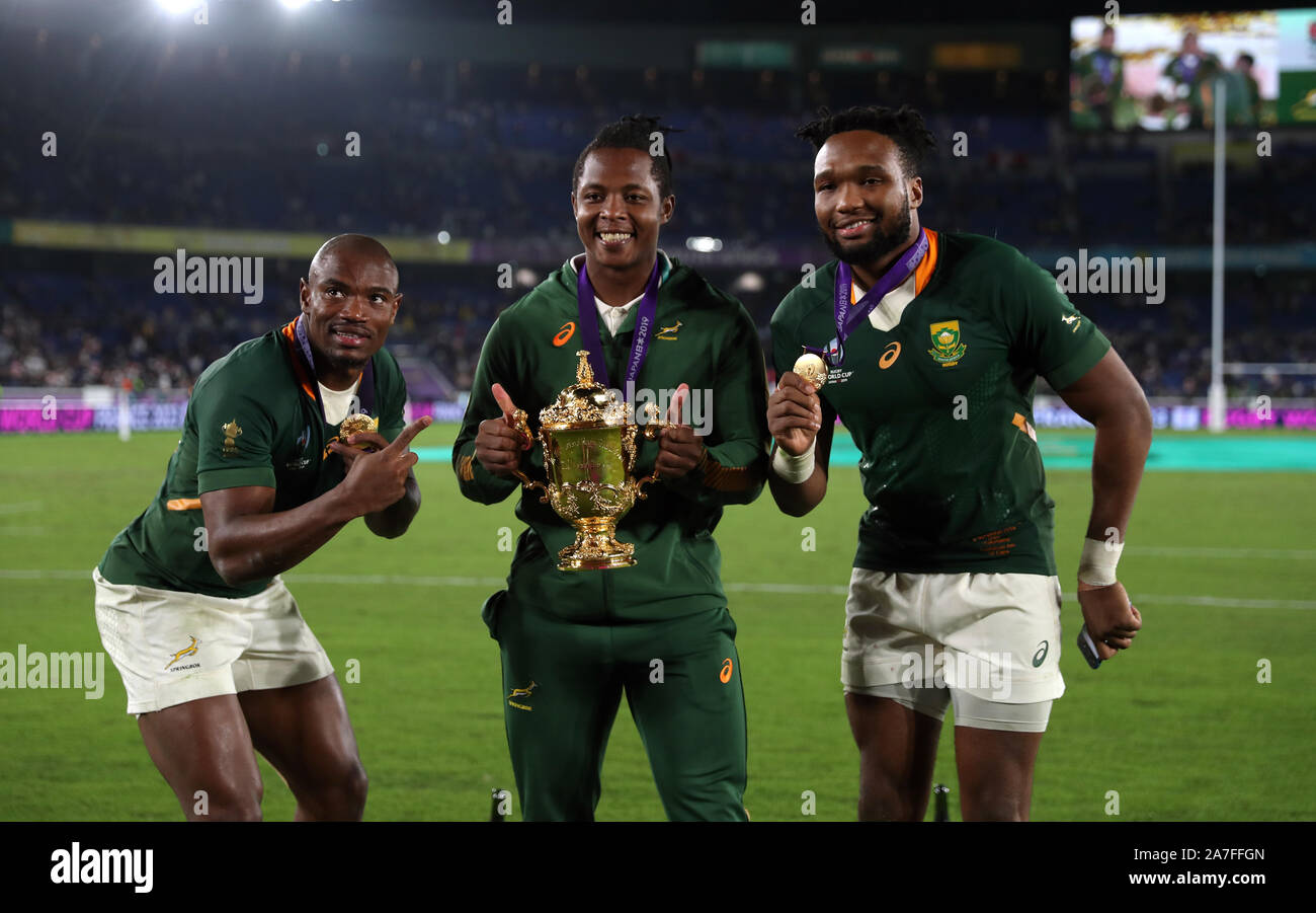 South Africa's Makazole Mapimpi (left), Abu Nkosi and Lukhanyo Am (right) during the 2019 Rugby ...