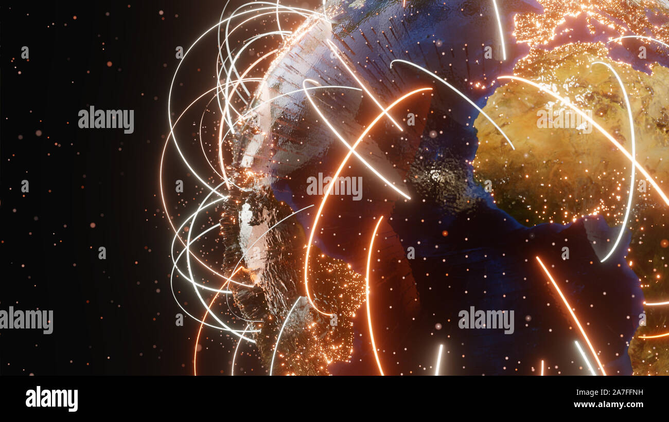 Connection curves and dots around Earth globe, Futuristic technology ...