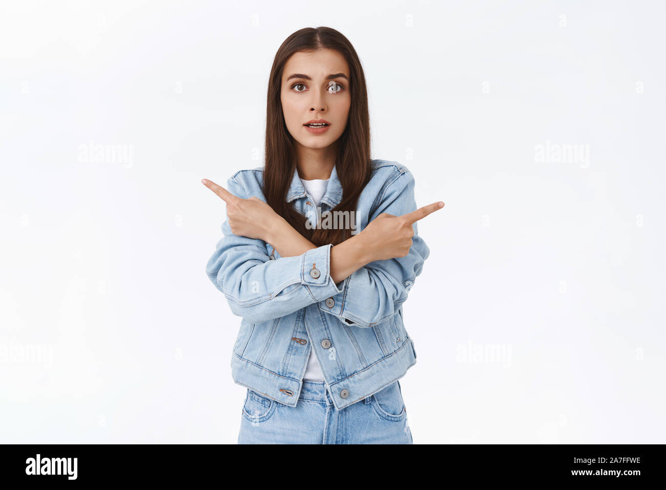 Unsure beautiful girlfriend asking advice, standing confused and ...