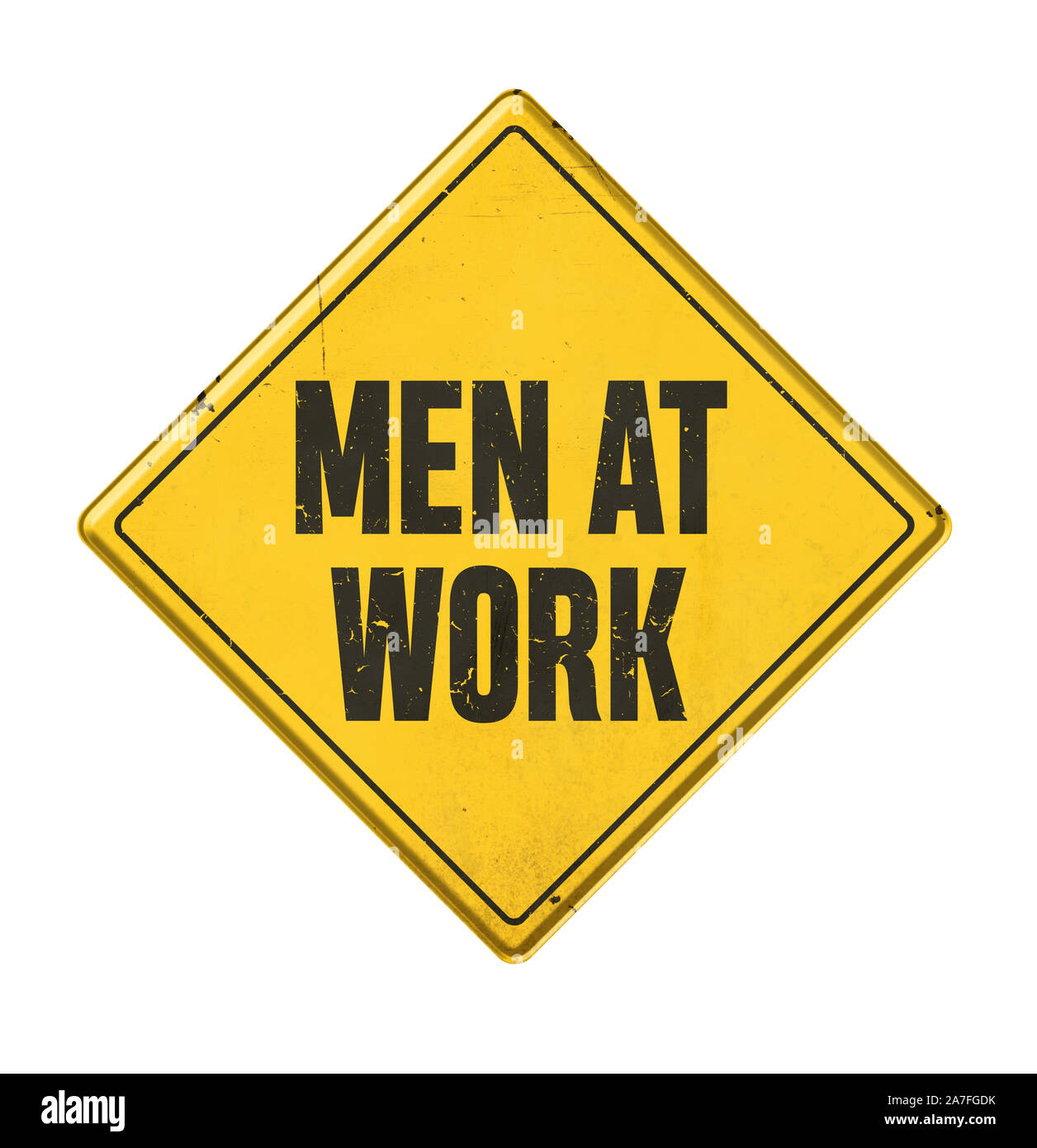 Yellow sign on a white background - Men at work Stock Photo - Alamy