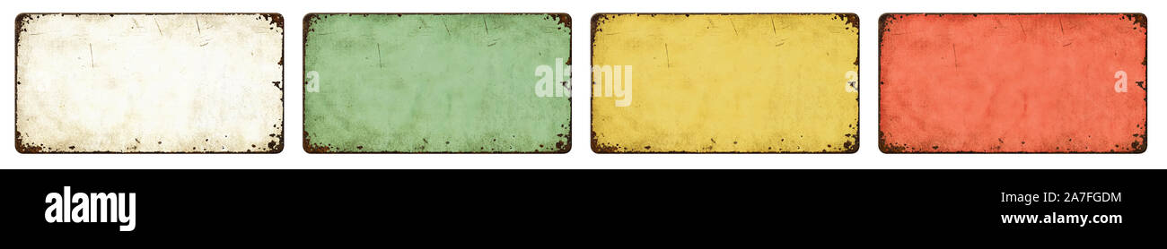 Four empty vintage tin signs on a white background Stock Photo - Alamy